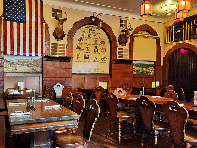 American flags meet German tradition in this dining room where wooden chairs have witnessed decades of "Prost!" toasts and happy food comas.