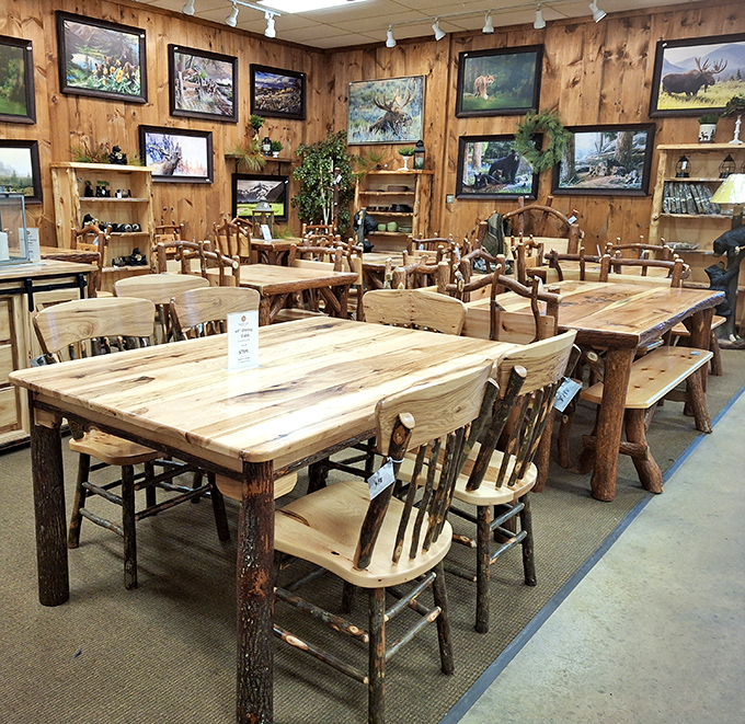 Rustic furniture showroom where every table tells a story, and city dwellers contemplate how to fit that gorgeous handcrafted dining set into their studio apartment.