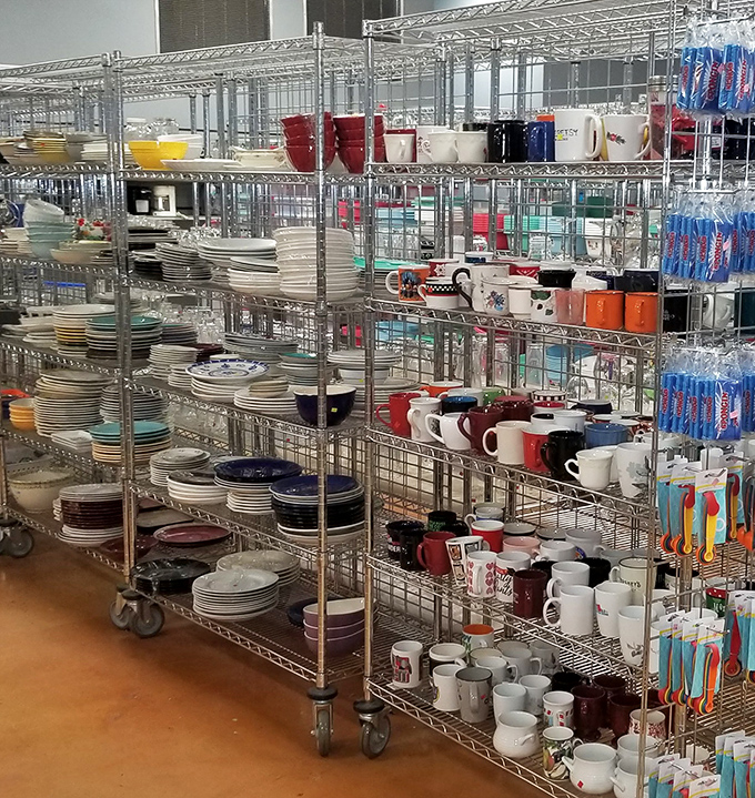 Mismatched plates and mugs create the "collected over time" look that expensive catalogs try to replicate. Here, authentic character comes with authentic savings.