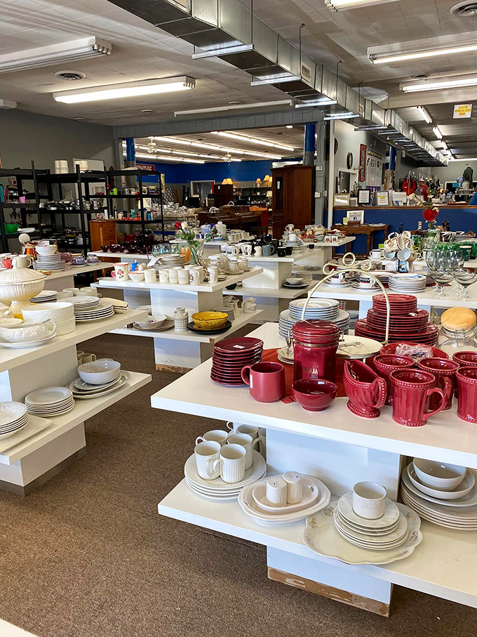 Dish department dreams! Those ruby red plates and mugs aren't just tableware&mdash;they're future dinner party conversation starters waiting to happen.