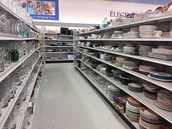 Plates and glasses lined up like soldiers, ready to march into your kitchen and host your next dinner party with vintage charm.