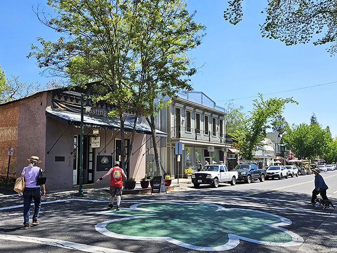 The frog-shaped crosswalk pays homage to Mark Twain's famous jumping amphibians. In Angels Camp, even street crossings come with a story.