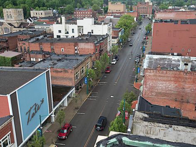 A bird's-eye view of Bradford reveals the perfect grid of a walkable downtown, where parking spots outnumber cars and trees line the streets.