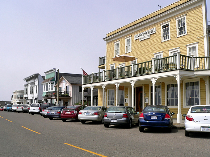 The historic Mendocino Hotel stands proudly on Main Street, still welcoming travelers with the same Victorian grace it's offered since the 1870s.