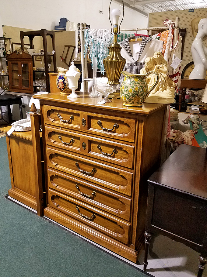 This honey-toned dresser with elegant hardware has witnessed decades of morning routines and still stands ready for service in a new home.