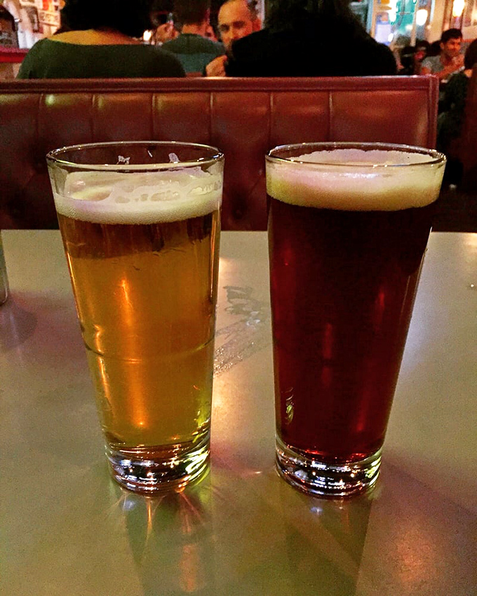 Craft beers that complement rather than compete with the food. One golden, one amber &ndash; like liquid sunshine and sunset in glasses.