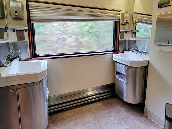 Even the washroom feels like a step back in time—gleaming and pristine, with none of the turbulence of its airplane counterpart.