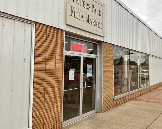 The official entrance beckons with promises of "OPEN" signs and endless possibilities &ndash; the gateway to Iowa's version of Ali Baba's cave.