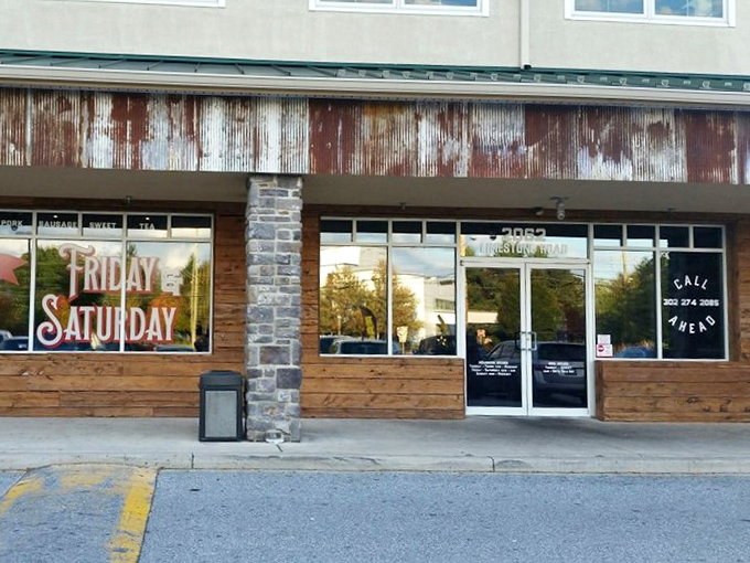 The window proudly announces weekend hours like a promise&mdash;"Friday & Saturday" isn't just a schedule, it's an invitation to the weekend's main event.