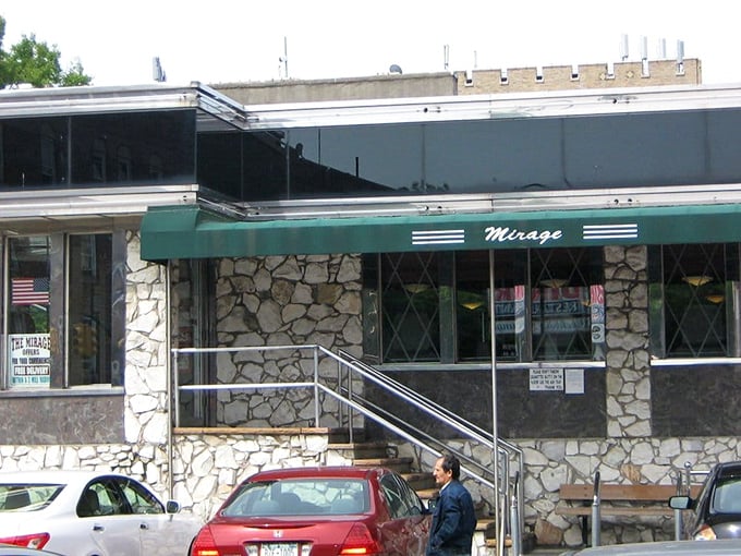 Another view of the stone exterior and green awning&mdash;architectural features that whisper "come in, the meatloaf is waiting." Timeless design for timeless food.