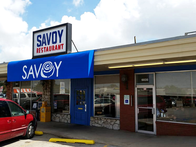 The entrance to breakfast paradise &ndash; that blue Savoy sign has been guiding hungry morning pilgrims for generations of Tulsans.
