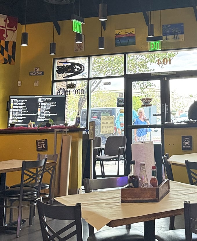 Sunshine streams through the entrance, beckoning desert dwellers to this oasis of Old Bay and ocean treasures.