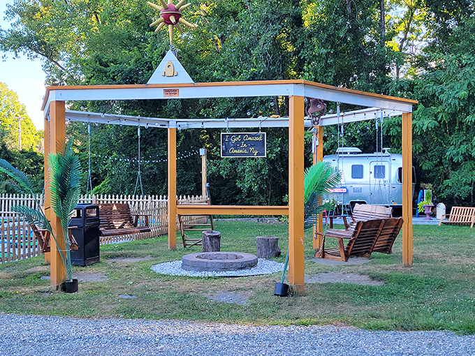 The Little Epicurean in Amenia, NY&mdash;where string lights, swings, and a fire pit create the perfect pre-show gathering spot for movie lovers.