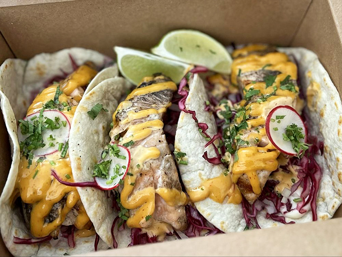 Fish tacos that bridge the gap between San Francisco and Baja&mdash;fresh, vibrant, and topped with enough sauce to require strategic eating techniques. 