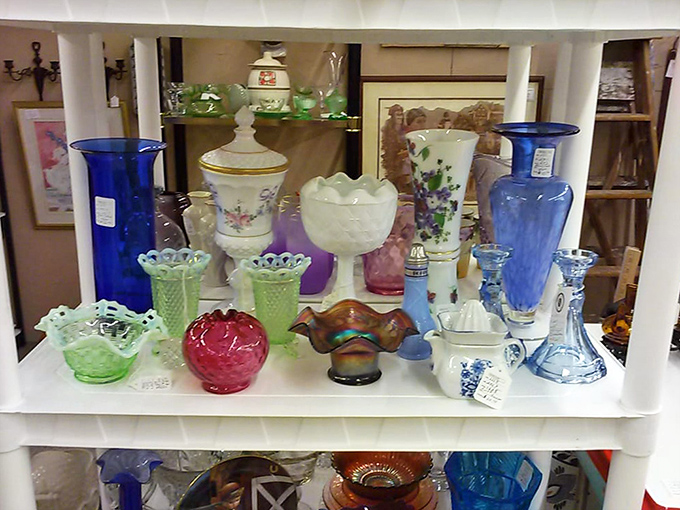Colorful glass vases catch light like jewels, each piece a reminder of when "Made in America" meant something.