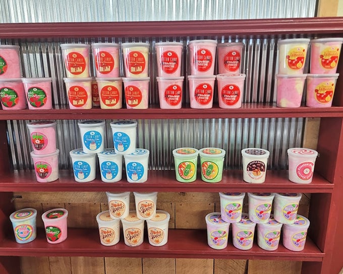 A rainbow of fruit-filled containers lines these shelves, each promising a different sweet adventure for your taste buds.