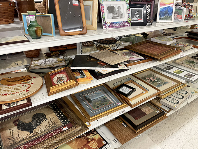 Picture frames galore! From roosters to landscapes, these forgotten wall hangings are ready to frame new memories or preserve old ones.