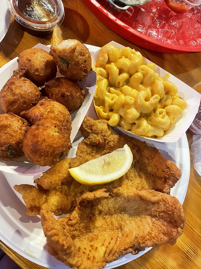 A Florida feast that would make Neptune jealous&mdash;golden fried fish, hushpuppies, and mac and cheese that tastes like someone's grandma made it.