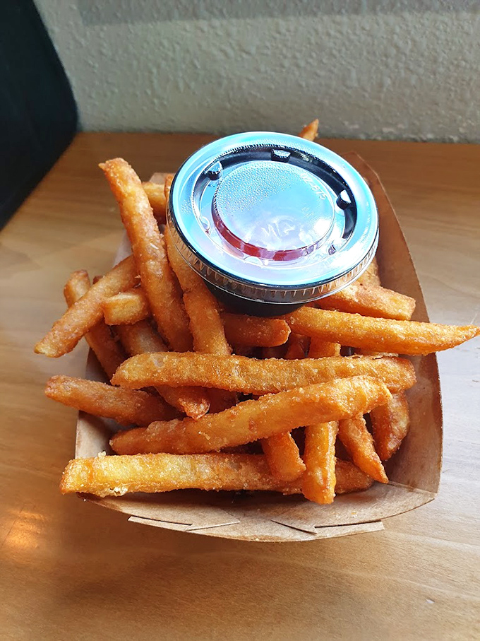 Golden fries that crackle with each bite, served with a dipping sauce that's the perfect tag-team partner for this crispy, salty side attraction.