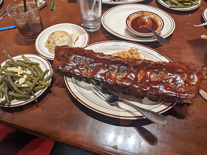 When a rack of ribs stretches across your entire plate, flanked by green beans and potatoes, you know you've made the right life choices today.