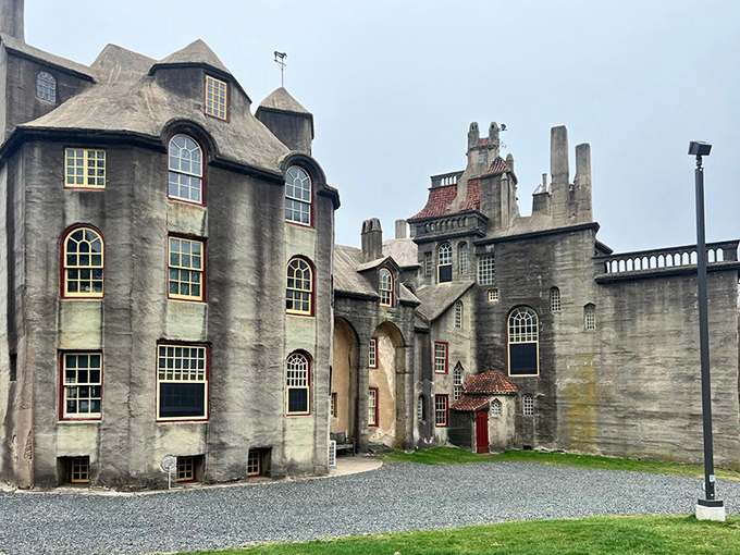 The castle's concrete complexion changes with the weather&mdash;today it's showing its serious side under cloudy skies, like a professor about to begin a fascinating lecture.