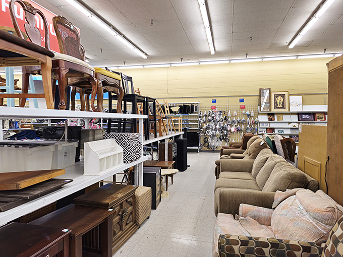 Furniture pieces waiting for their next chapter, like characters in search of a living room.
