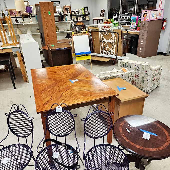 Furniture that's seen a few dinner parties stands ready for its second act. That oak table could host another decade of family meals.