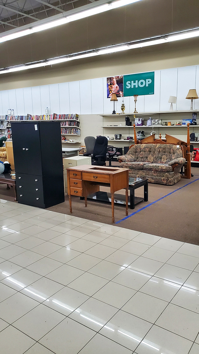 Furniture displays showcase everything from vintage floral chairs to modern pieces, all priced for actual human budgets.