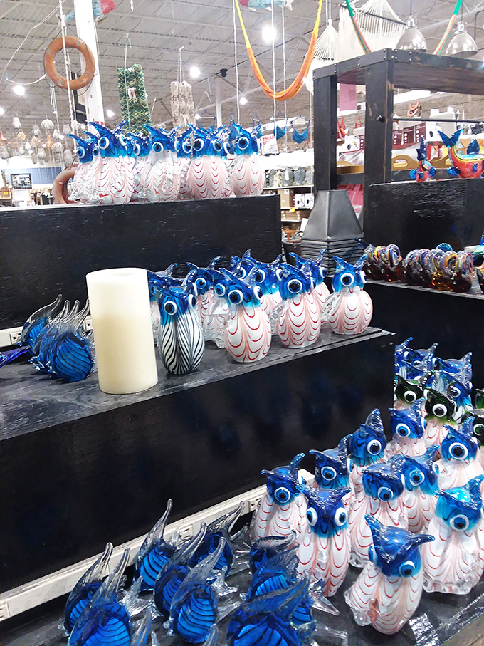 Blue evil eyes meet pink glass in this display that would make any Mediterranean grandmother nod with superstitious approval.