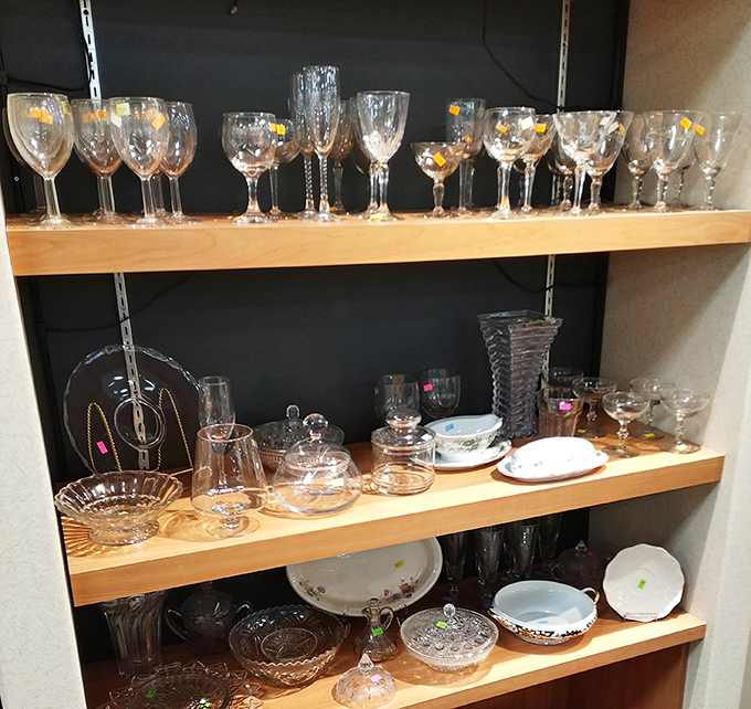 Crystal and glassware that would make your grandmother proud, arranged like a transparent army ready to elevate your next dinner party.