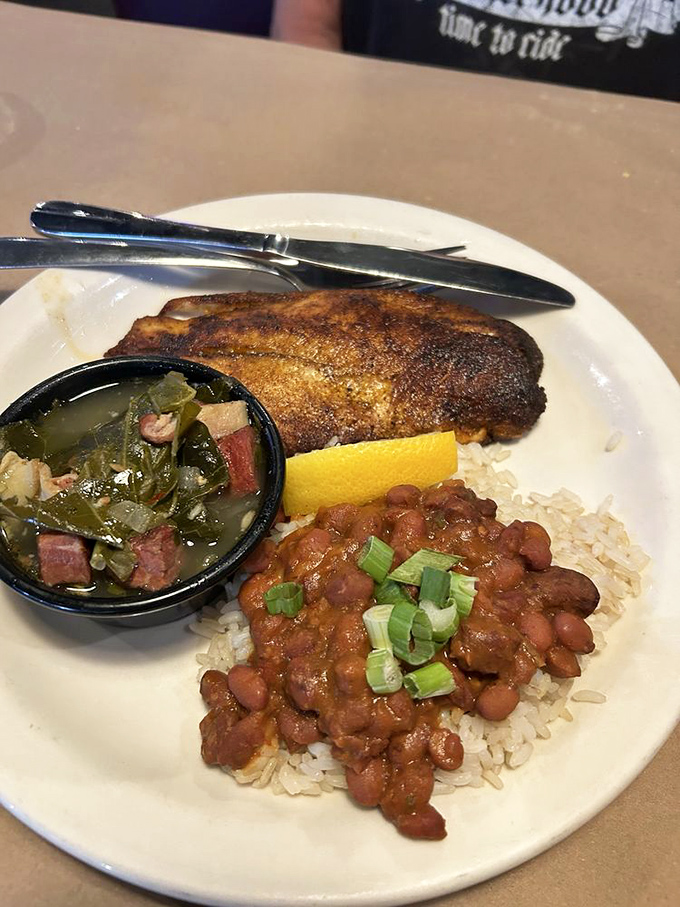 Blackened fish with collard greens and red beans & rice &ndash; where the Mississippi meets the Missouri in a celebration of Southern coastal flavors.
