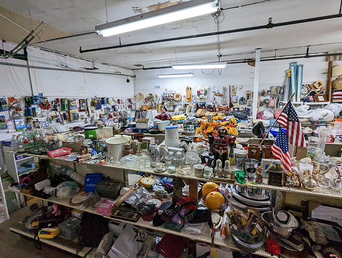 Tables laden with everyday artifacts that somehow survived decades of use. One person's kitsch is another's cherished childhood memory.
