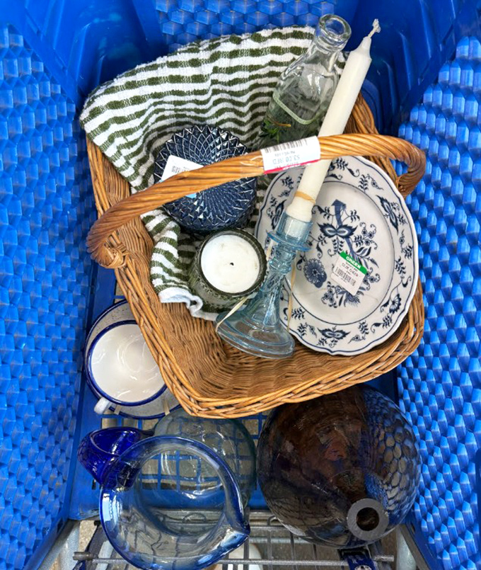 A basket of possibilities &ndash; vintage glassware and blue-and-white porcelain that would make Martha Stewart do a double-take at your dinner party.