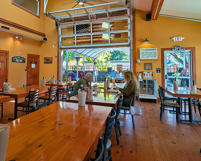 The garage door that opens to the patio blurs the line between inside and outside, much like how lunch often blurs into dinner here.