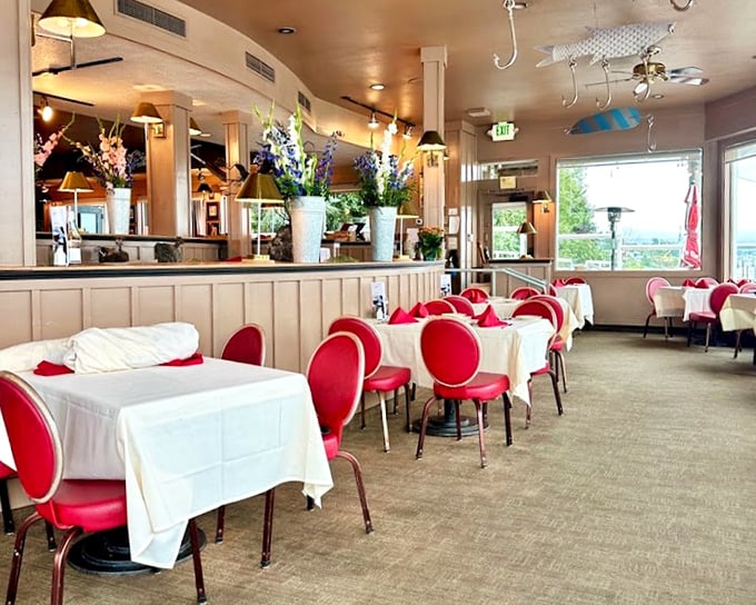 Bright flowers, natural light, and red accents create the perfect backdrop for seafood stories that will have your friends saying, "No way that happened!"