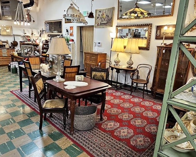 A perfectly staged dining vignette that makes you wonder if you've accidentally wandered onto a Wes Anderson film set rather than a secondhand store.