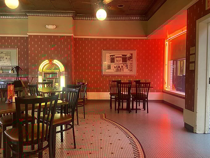 Red walls and vintage charm create the perfect backdrop for serious meat consumption&mdash;this isn't just a meal, it's a barbecue time capsule. 