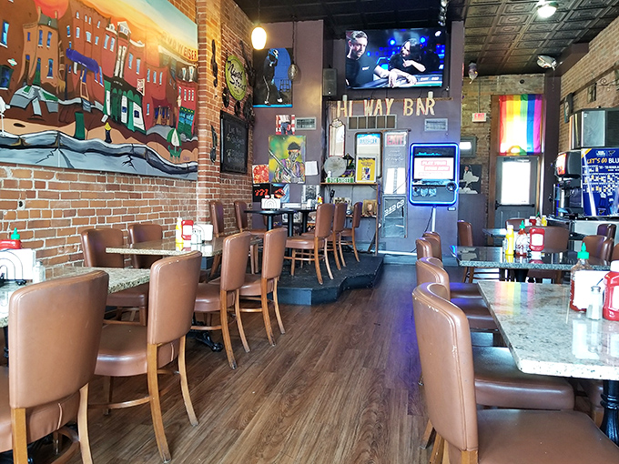 Where music meets mealtime&mdash;this dining area's colorful murals and warm lighting create the perfect stage for the real stars: the sandwiches.