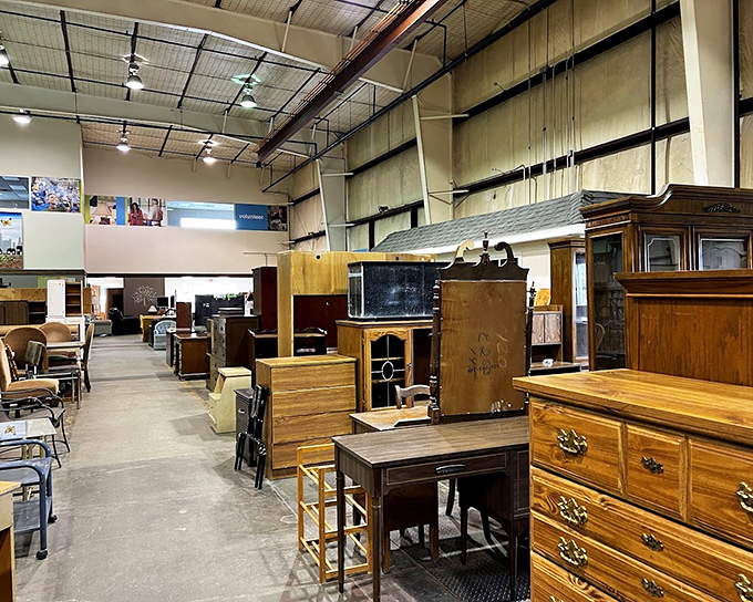 Wood wonderland where dressers, desks and cabinets create a maze of possibility for the patient treasure hunter.