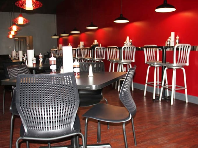 Clean lines, varied seating options, and pendant lights set the stage for some serious eating decisions ahead.