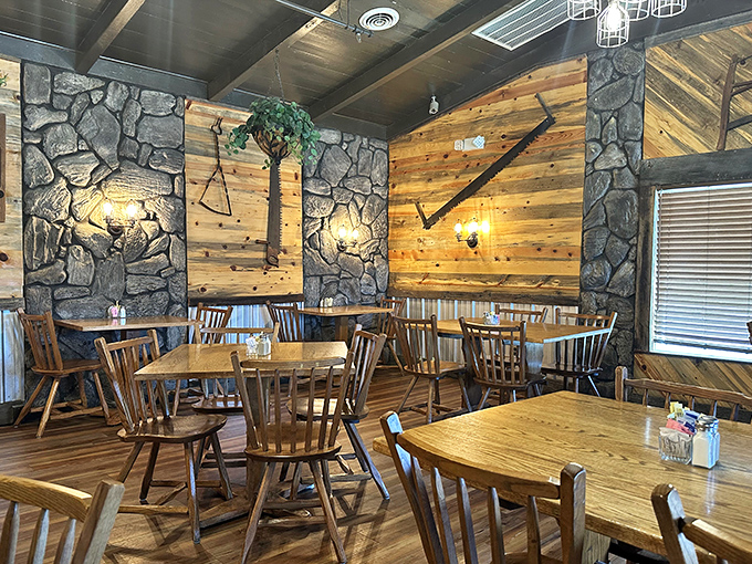 Wood, stone, and natural light create the perfect rustic ambiance. It's like dining in a cabin that happens to serve exceptional Southern cuisine.