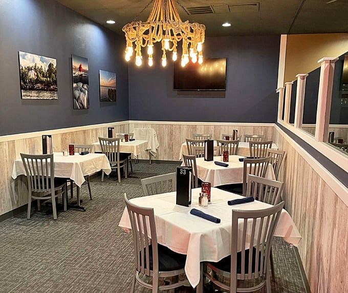 Blue walls and distinctive lighting create dining rooms with character&mdash;the stage is set for memorable meals.