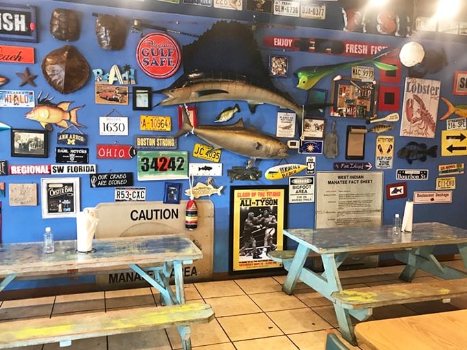 License plates, fishing memorabilia, and mounted catches create the perfect atmosphere for serious seafood consumption. No pretension, just passion.