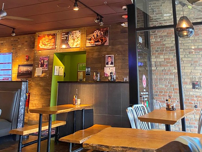 Another angle reveals the rustic-meets-modern vibe that says "we take our pizza seriously, but ourselves? Not so much."