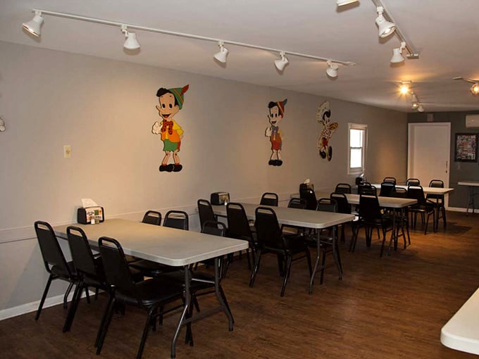 Pinocchio characters watch over diners like cartoon guardian angels of appetite, promising no lies about how good the food will be.