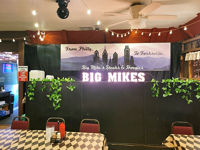 The "From Philly... To Forksville" sign tells the story of culinary migration that brought city flavors to this mountain hideaway.