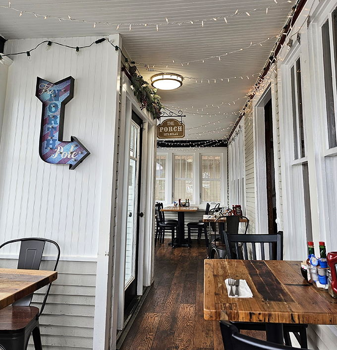 String lights and rustic charm create the "porch experience" &ndash; like dining at a friend's farmhouse, if your friend happened to be an exceptional cook.