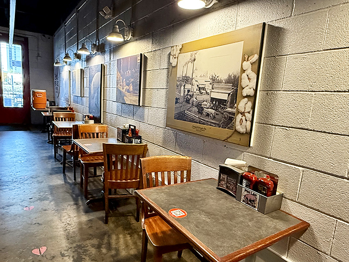 Simple wooden chairs and vintage photos create the perfect backdrop for serious eating. No distractions from the main event.