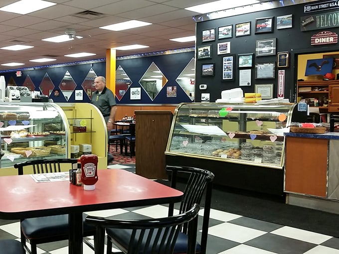 The display case tempts with possibilities while the classic counter seating invites solo diners to become part of the community breakfast ritual.