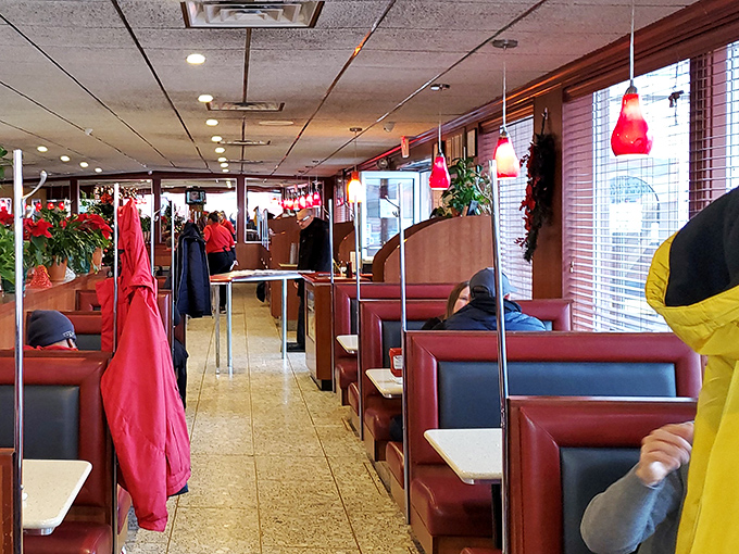 The diner's circulatory system – a long corridor of red booths where regulars have claimed territories and waitresses navigate with practiced precision.